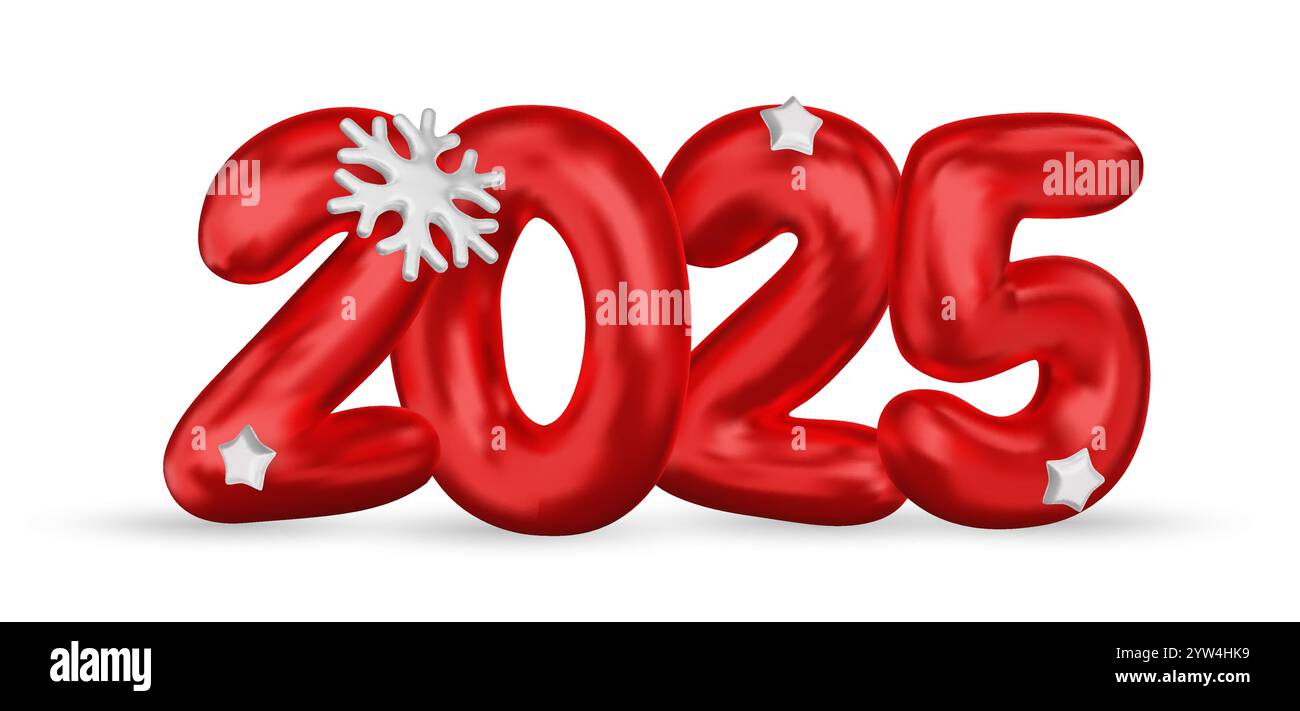 Realistic 2025 red numbers and festive confetti on black background ...