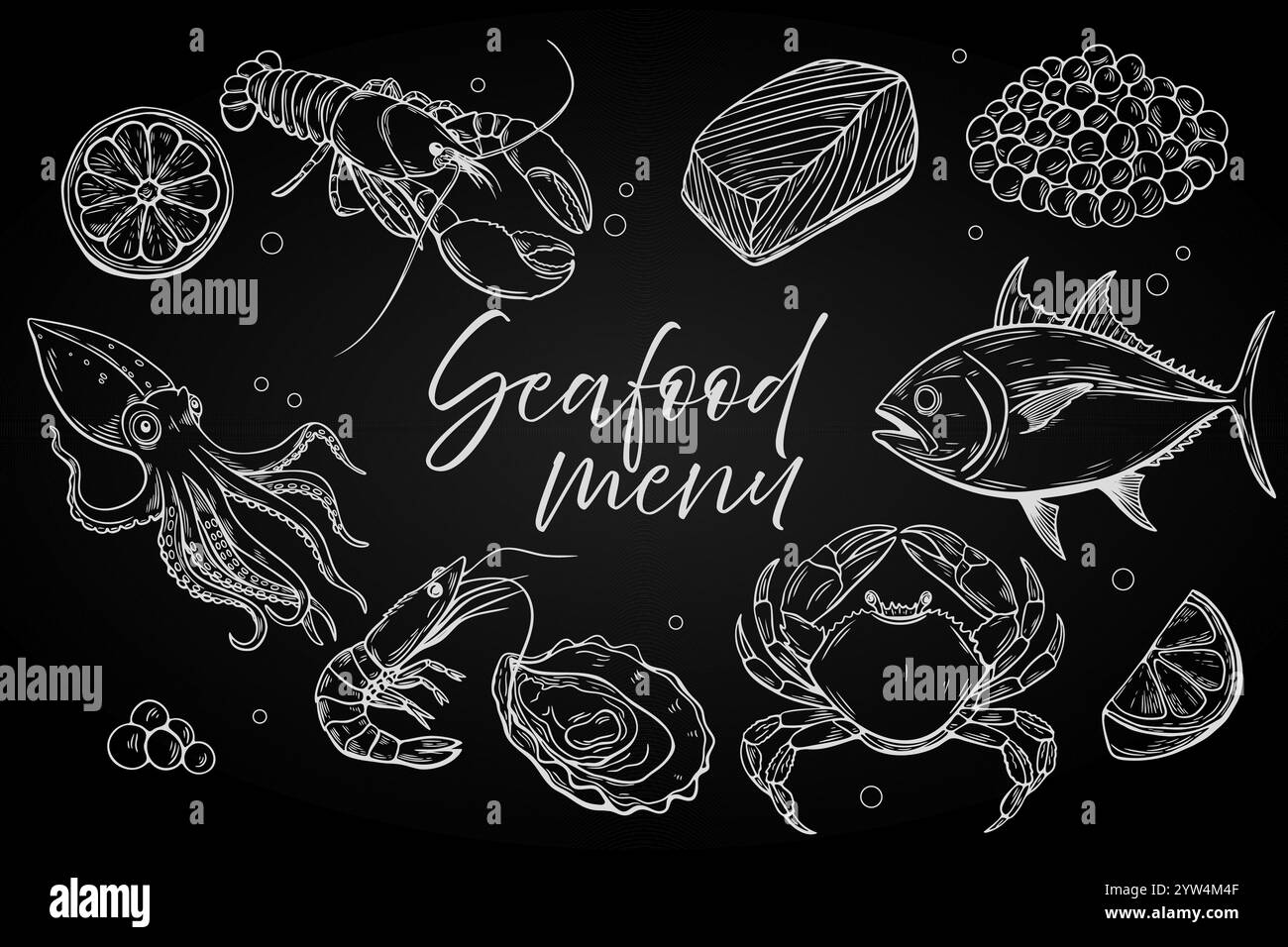 Seafood, menu set. Linear chalk black and white vector drawing, hand ...