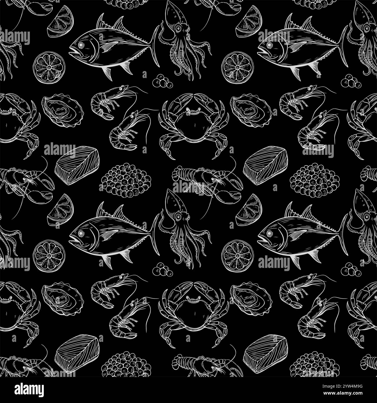 Seafood, seamless pattern. Linear chalk black and white vector pattern ...