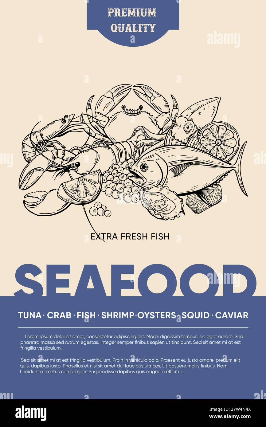 Seafood, poster, wrapping. Line drawing engraving vector, Hand drawn ...