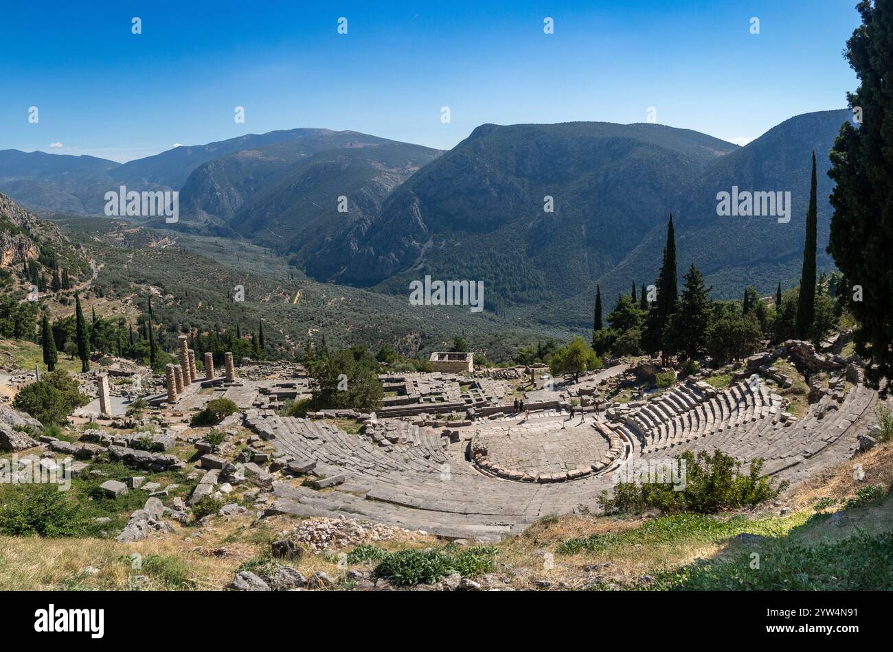 Aerial view of Temple of Apollo and excavated ruins of ancient Delphi ...