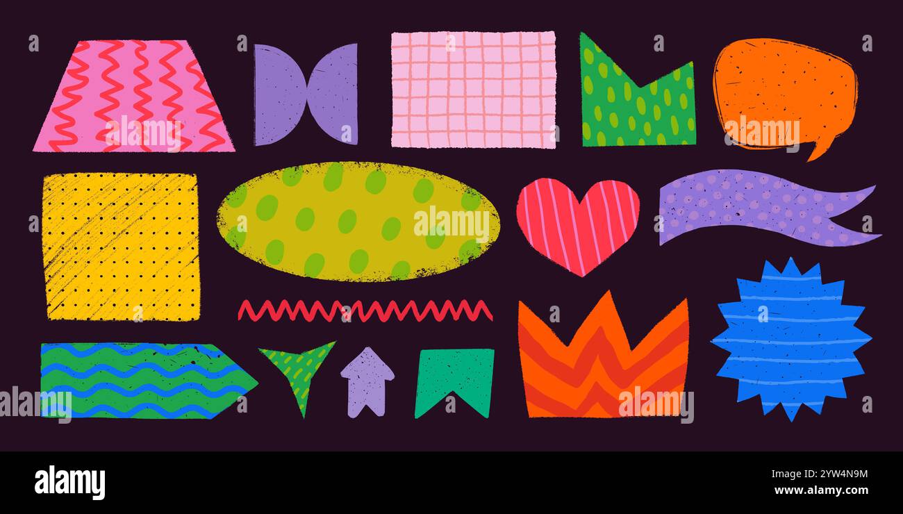 Simple shapes with various patterns in rough rustic style. Hand drawn ...