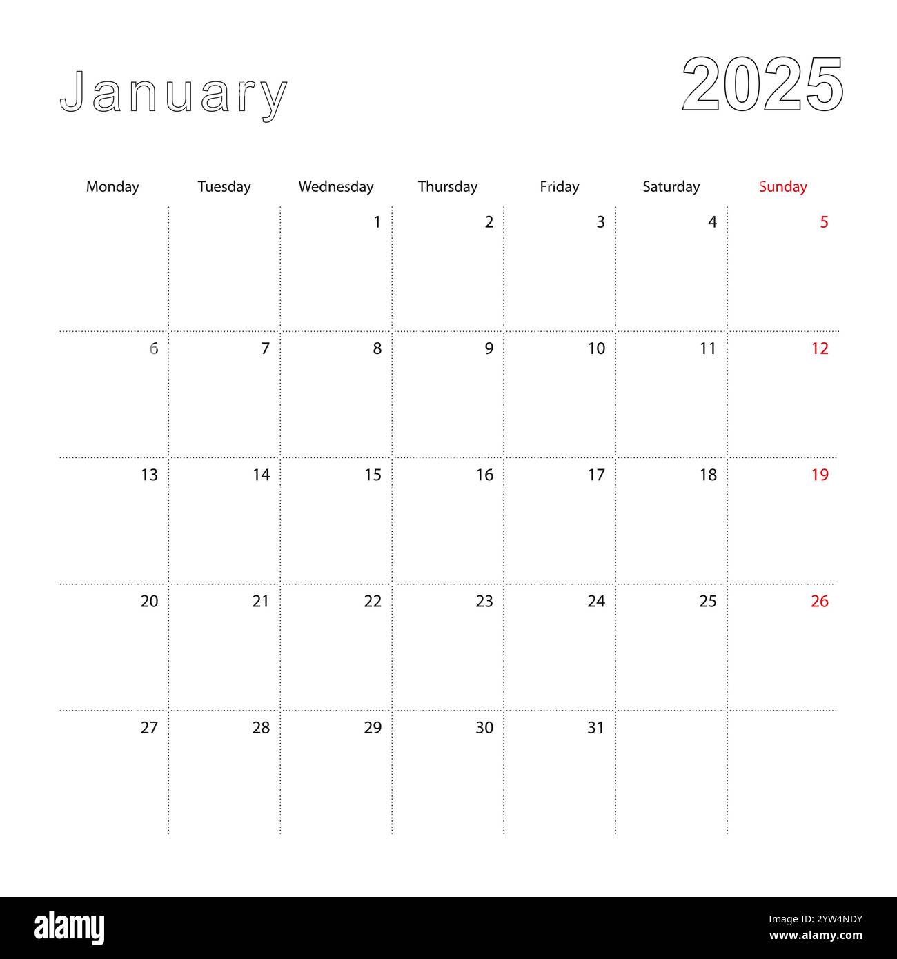 Simple wall calendar for January 2025 with dotted lines. The calendar ...