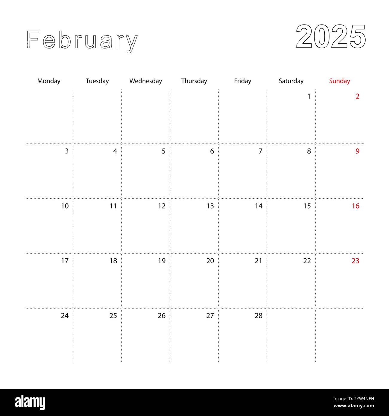 Simple wall calendar for February 2025 with dotted lines. The calendar ...