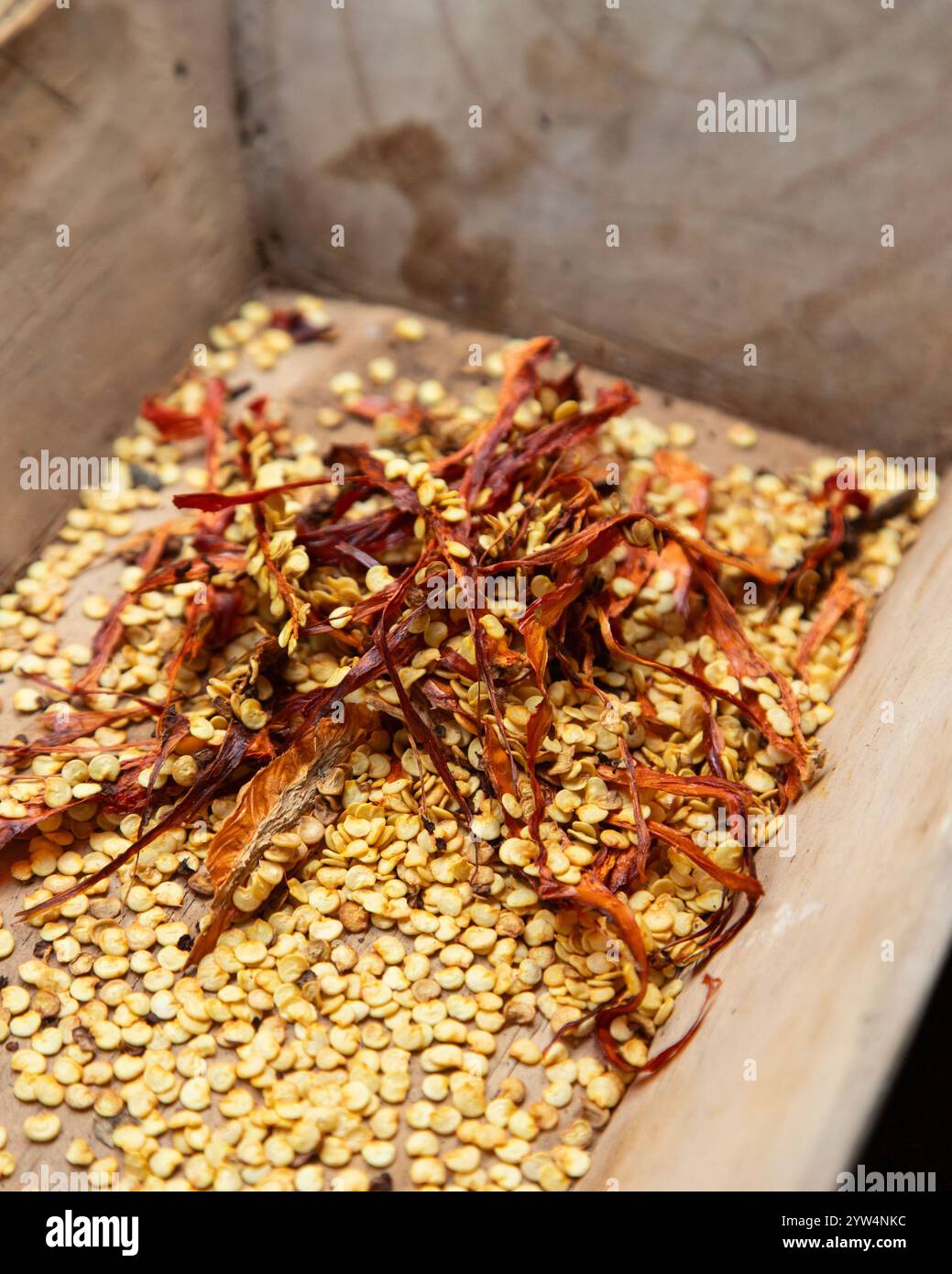 Local chili seeds from Oaxaca. The seeds are roasted on a comal over a ...