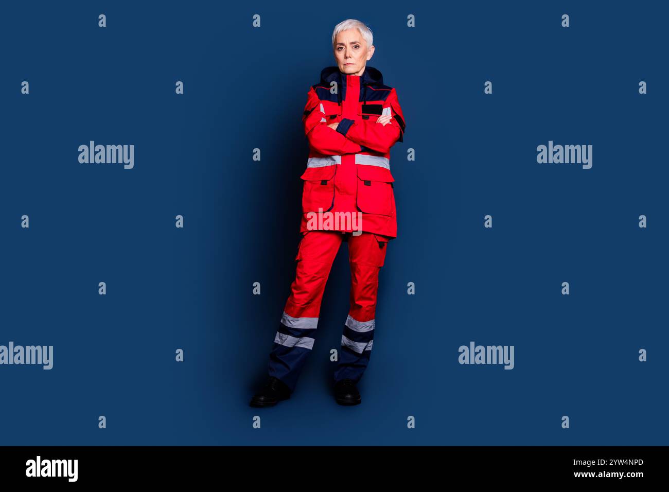 Full body photo of nice senior woman crossed hands wear uniform ...