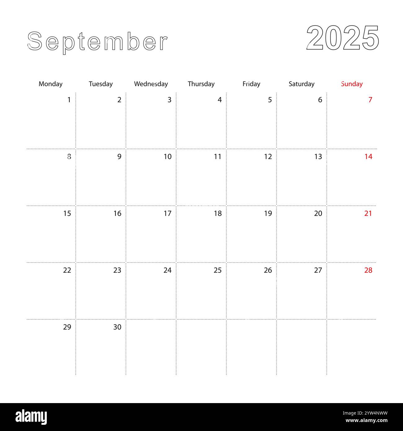 Simple wall calendar for September 2025 with dotted lines. The calendar ...