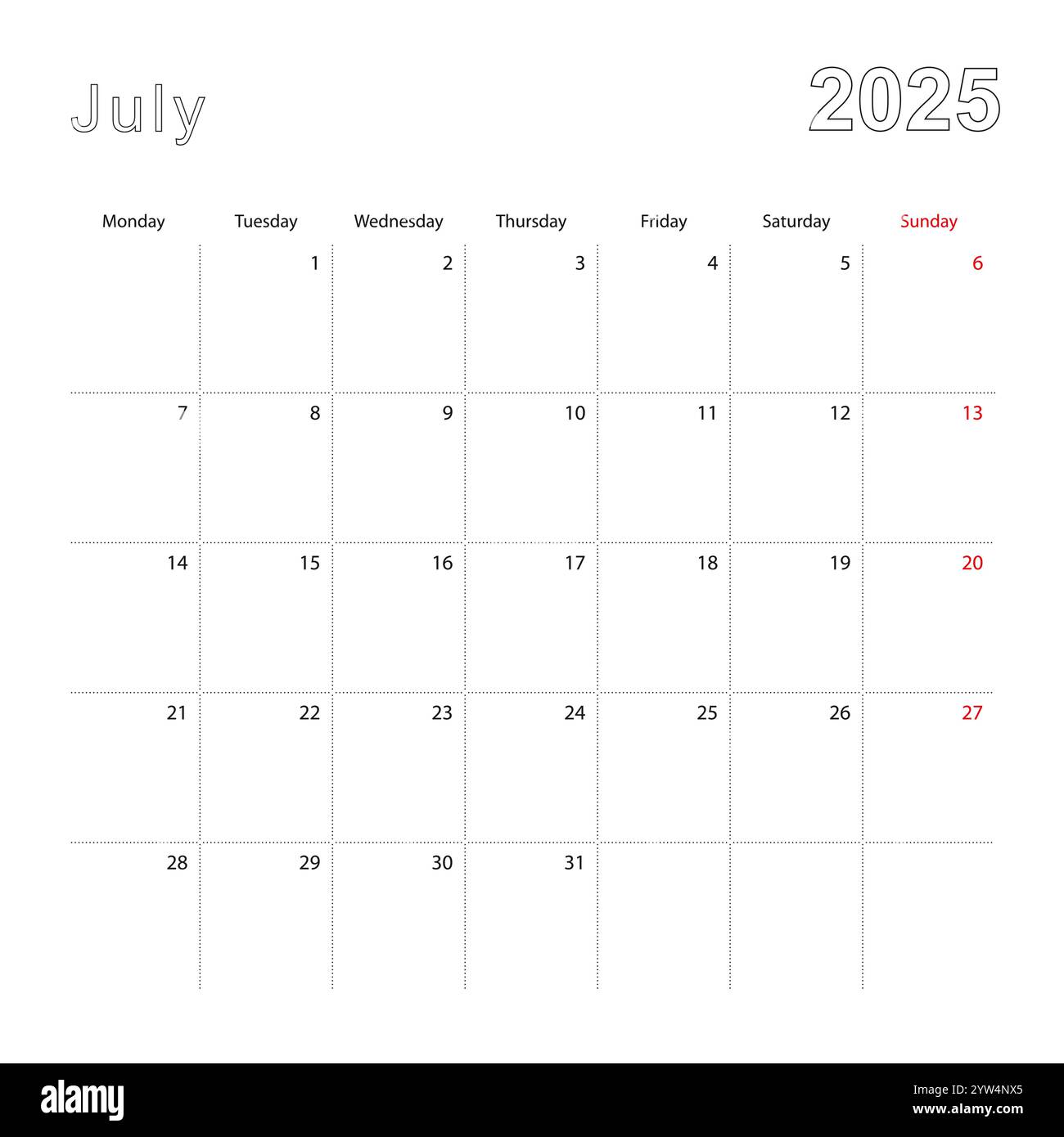 Simple wall calendar for July 2025 with dotted lines. The calendar is ...