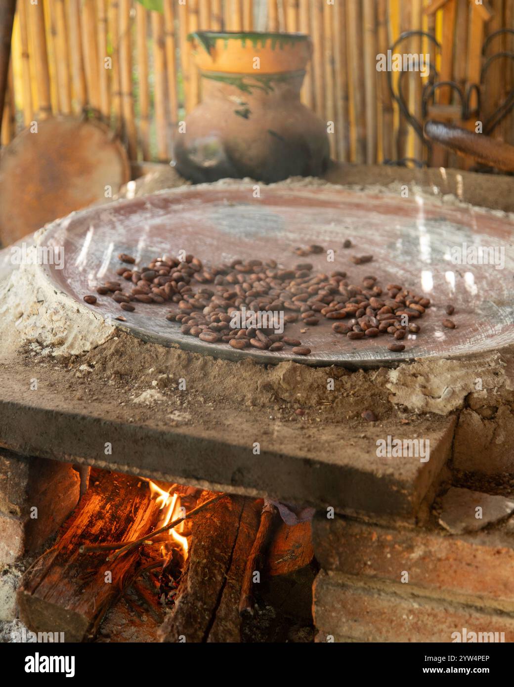 A woman in Oaxaca Mexico roasting cocoa beans on a comal in a wood ...