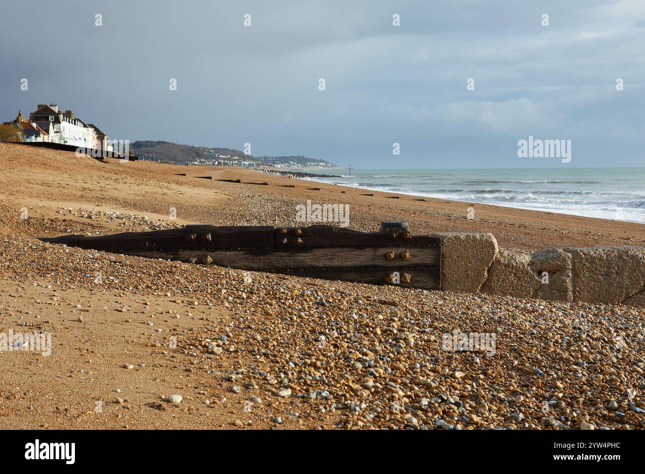 Hythe beach, Kent, UK, showing the extent of shingle erosion during the ...