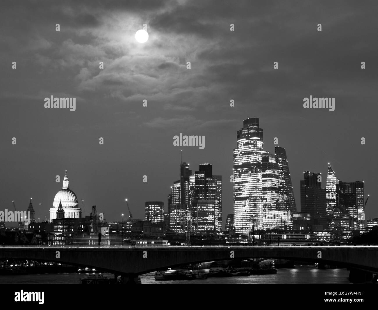 Black and White Landscape of the City of London, Nighttime, with The ...