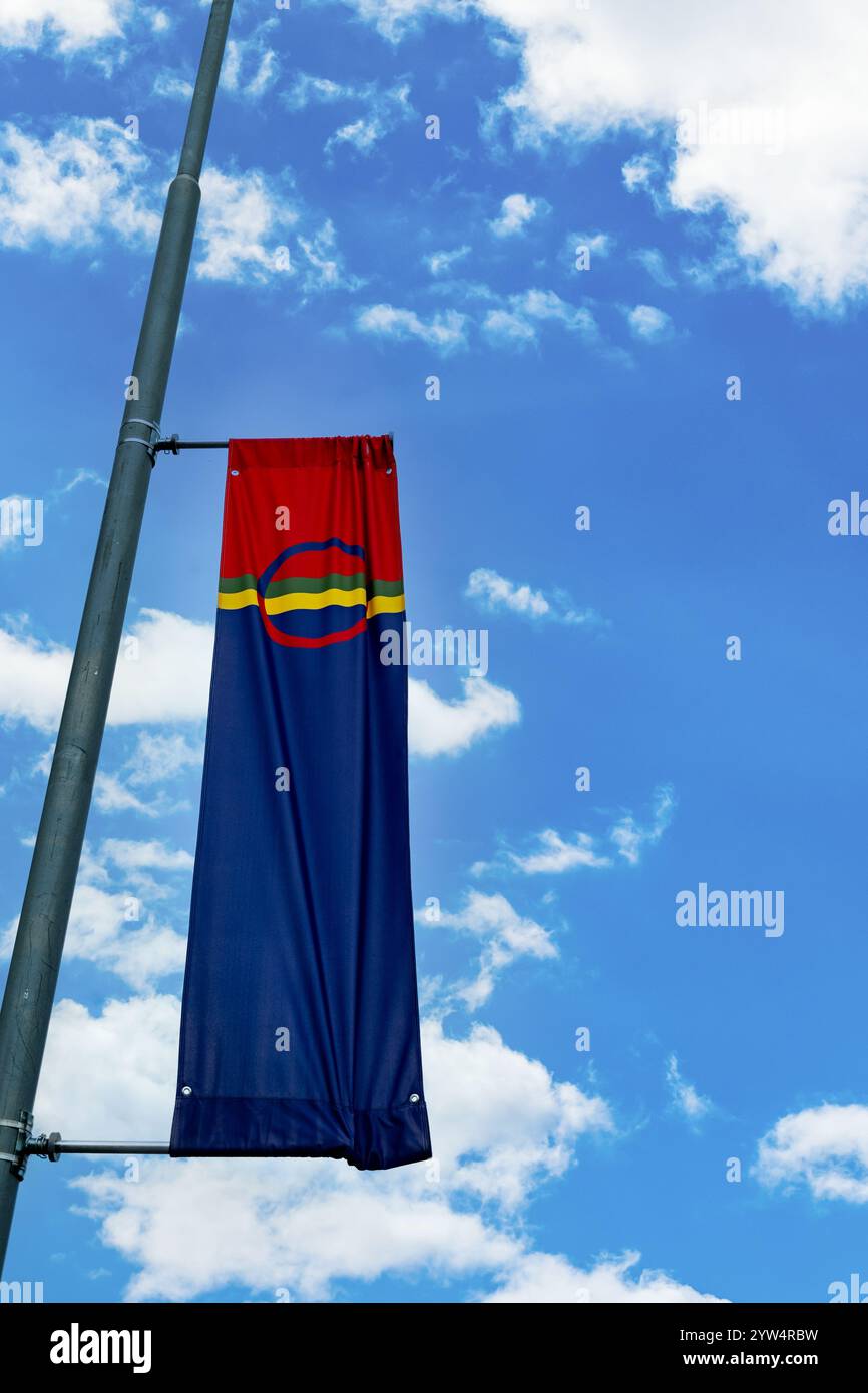 Sami nation flag in Nordland, Norway. Sami flag is the flag of Sami ...