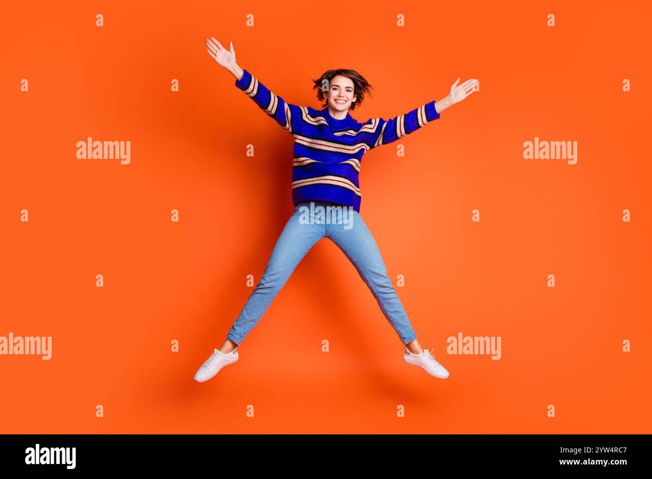 Full body length photo of jumping trampoline funky model millennial ...
