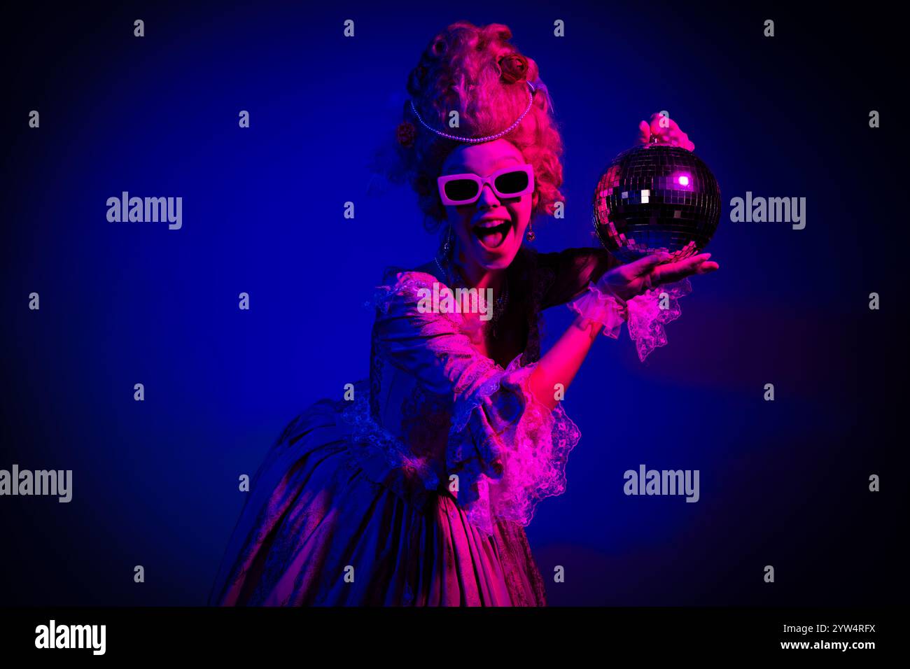Photo of cool crazy woman dressed in medieval queen clothes enjoy theme ...