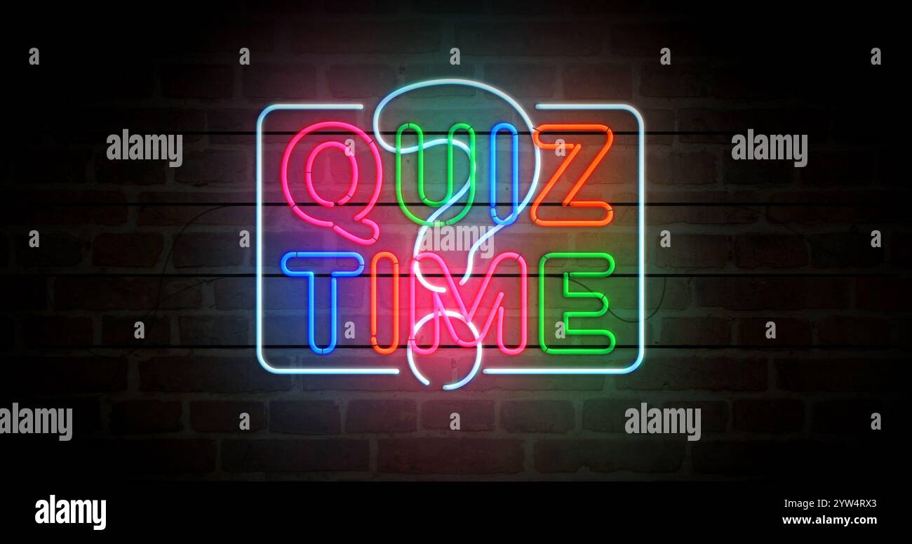 Quiz time question competition quest neon symbol. Education game light ...