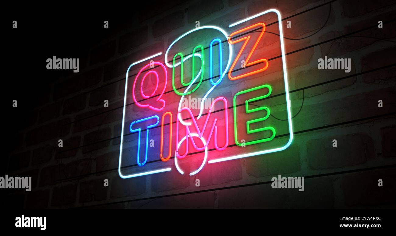 Quiz time question competition quest neon symbol. Education game light ...