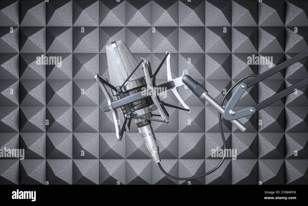 Professional microphone hanging in recording studio with acoustic foam ...