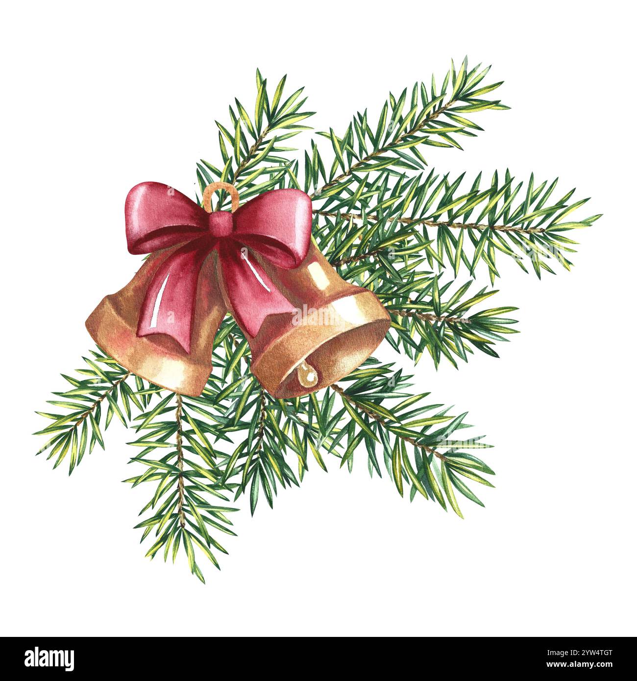 Christmas bells with a red ribbon, fir branches. A hand-drawn ...