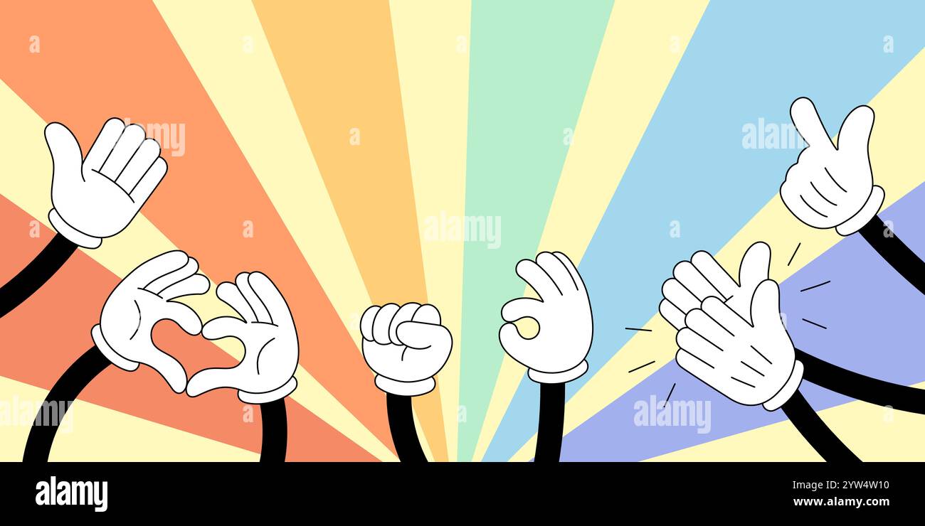 Clapping hands in vibrant groovy doodle style. Hands giving thumbs up ...