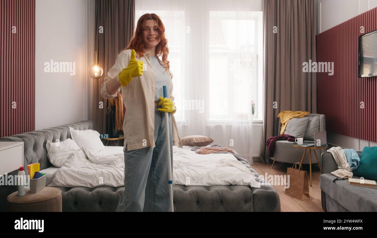 Caucasian woman lady girl homeowner household cleaning routine female ...
