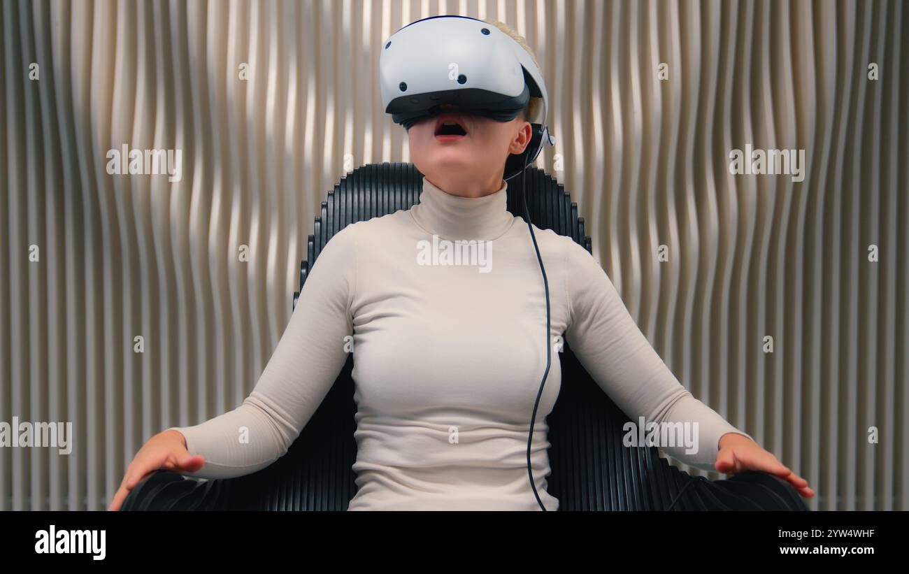 Caucasian woman futuristic space wear helmet VR glasses female girl ...