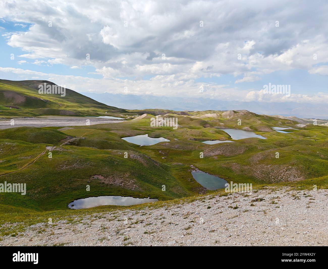 Rolling green hills featuring multiple ponds reflect the cloudy sky ...