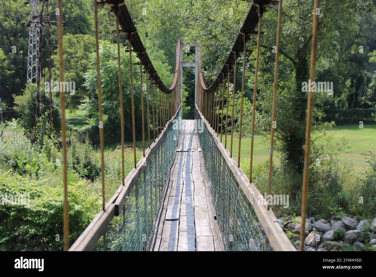Wooden suspension bridge surrounded by trees Stock Photo - Alamy