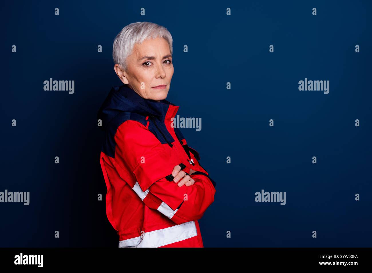 Photo of lovely retired lady profile folded hands wear uniform ...