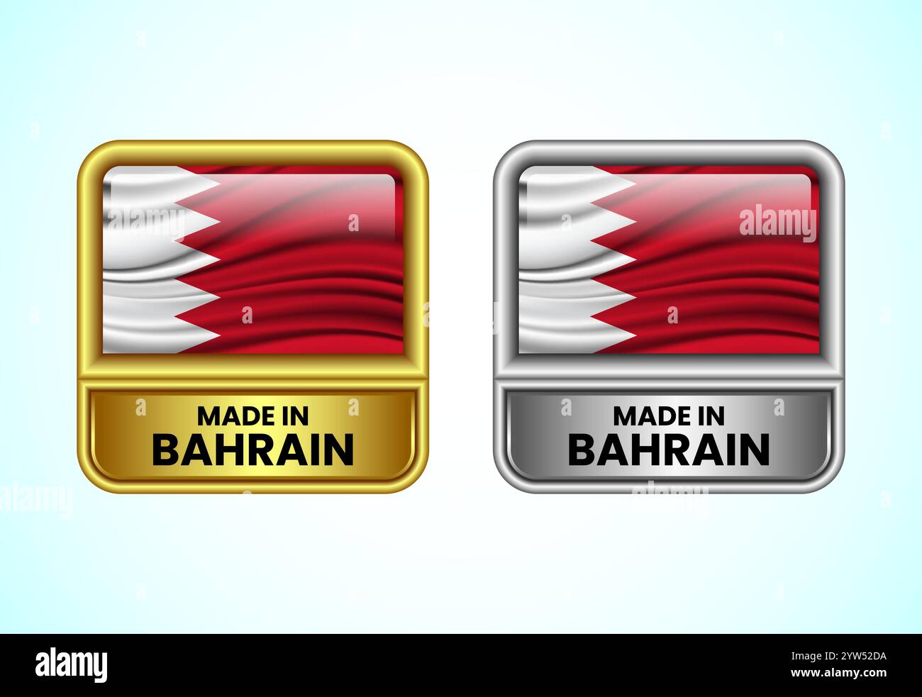 Made in Bahrain label icon in gold and silver color. Flag icon set for ...