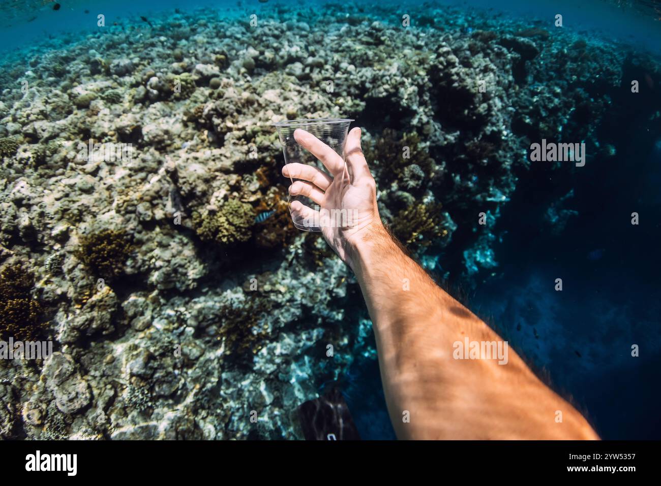 Underwater ocean scene, man holding plastic rubbish in hand, ecological ...