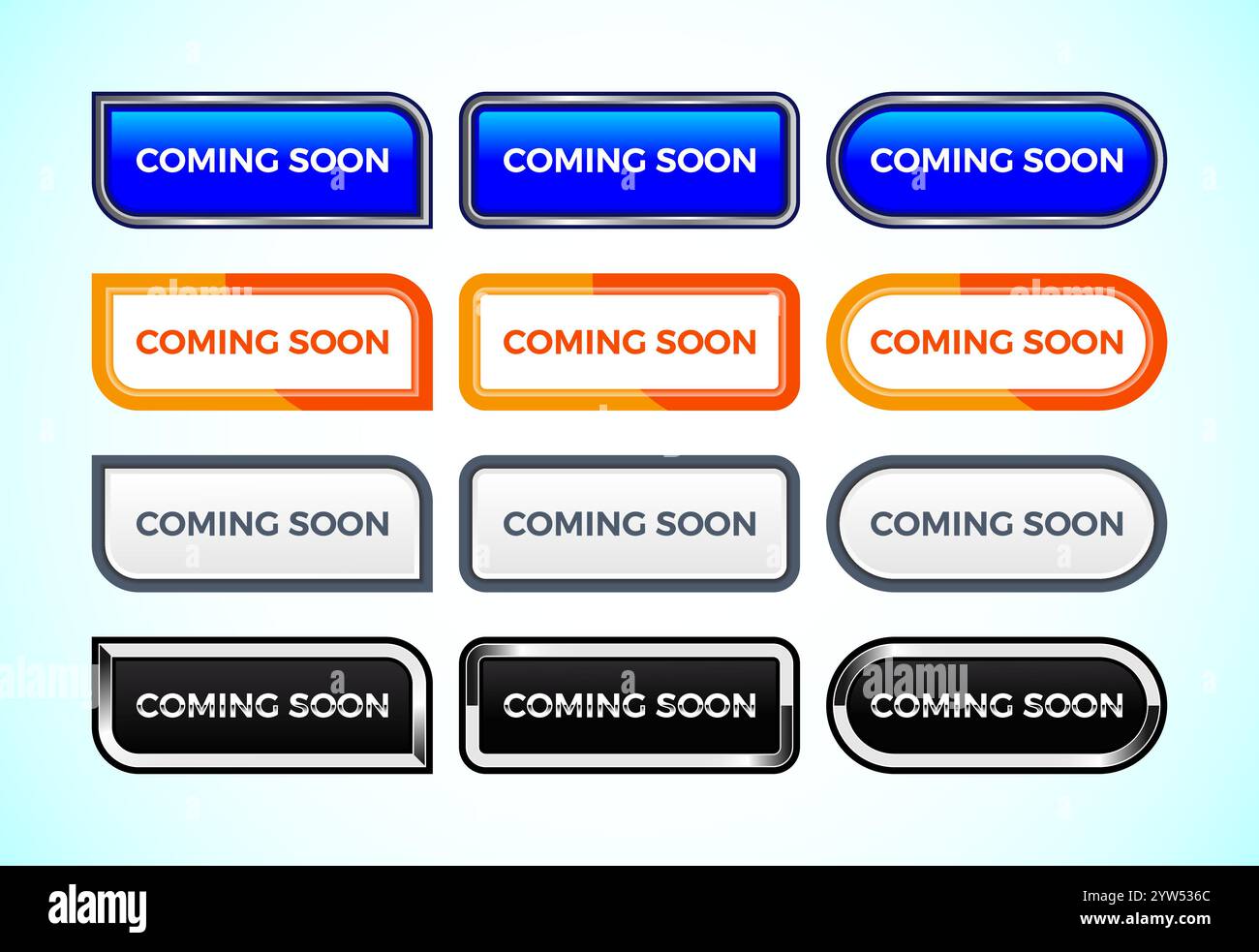 Coming soon button set of different shapes and colors. Suitable for ...