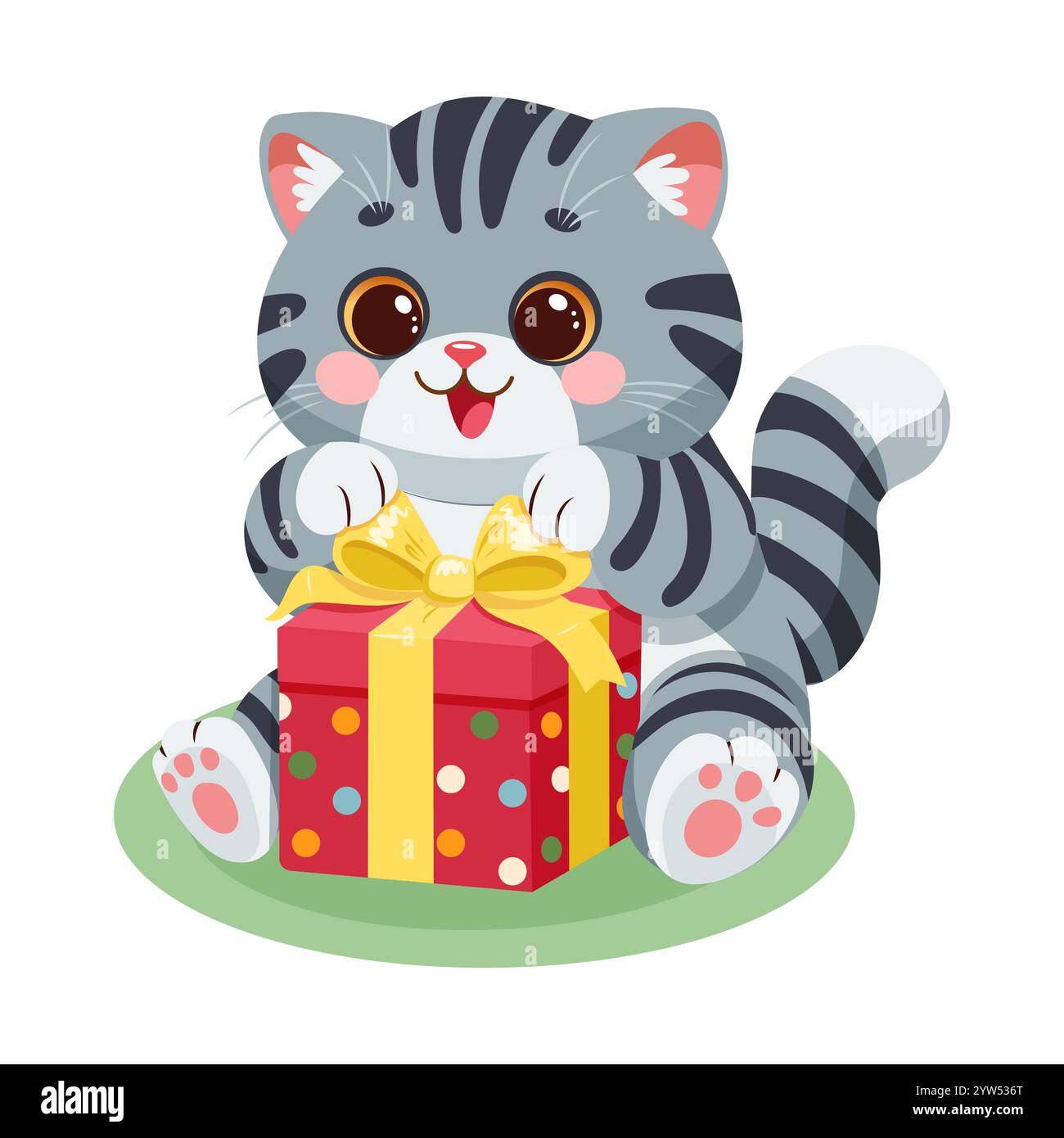 Cute cartoon gray cat excitedly unwrapping a colorful gift. Playful ...