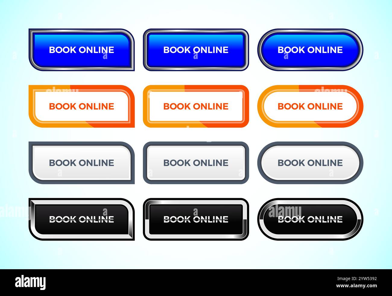 Book online button set of different shapes and colors. Suitable for ...