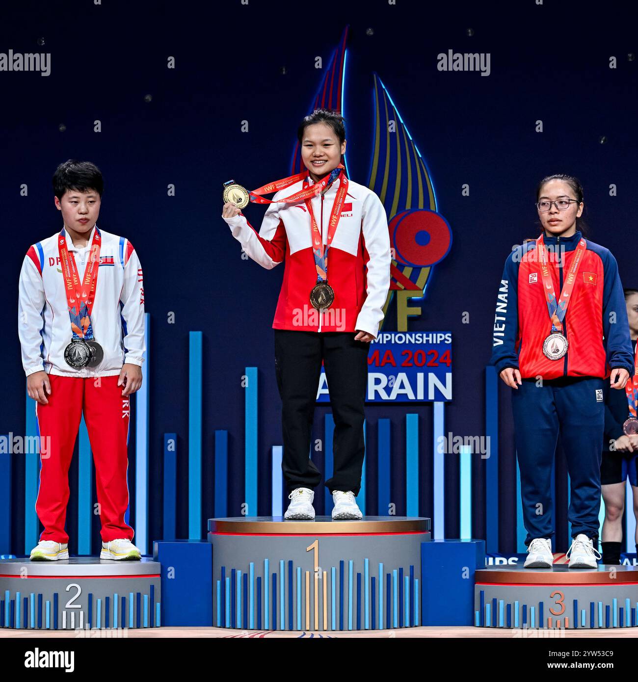 Hyon Sim Won of North Korea, silver, Jinhong Zhao of China, gold, Dinh ...