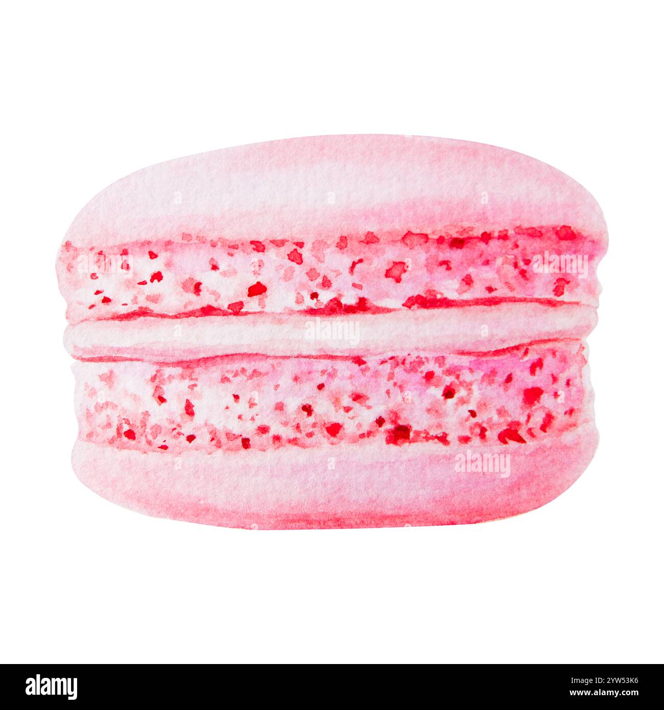 Watercolor illustration of pink macaron with textured layers. The ...