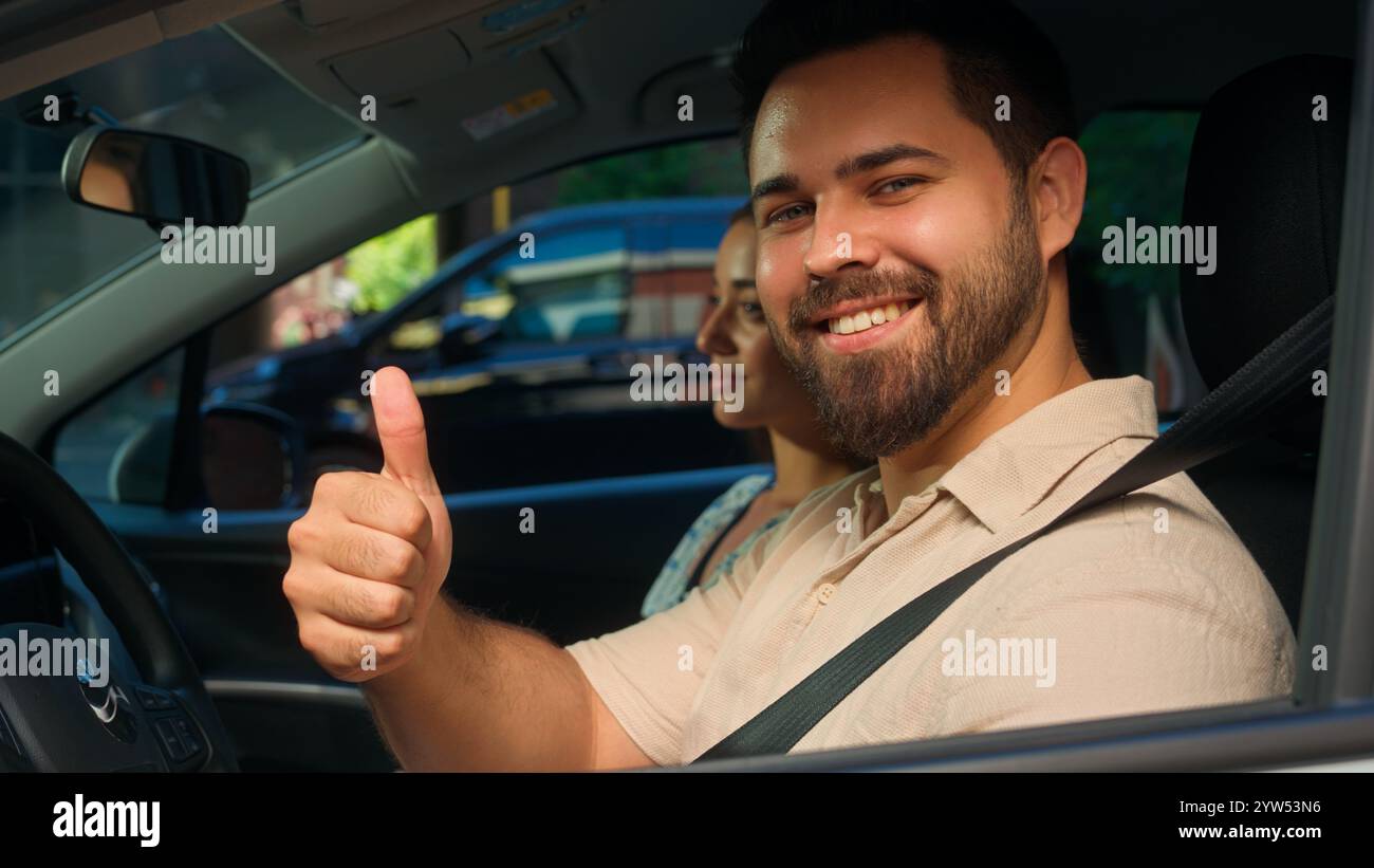 Family trip Caucasian happy woman female girl sitting inside new car ...