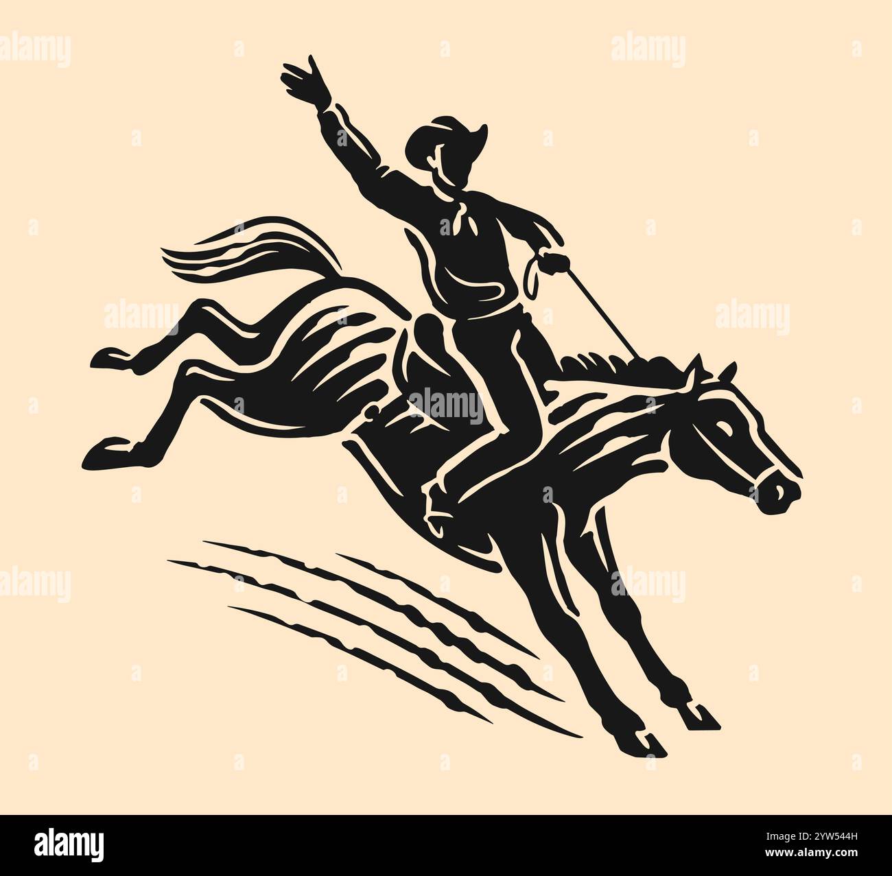 Cowboy riding wild horse in motion during rodeo event. Competition ...