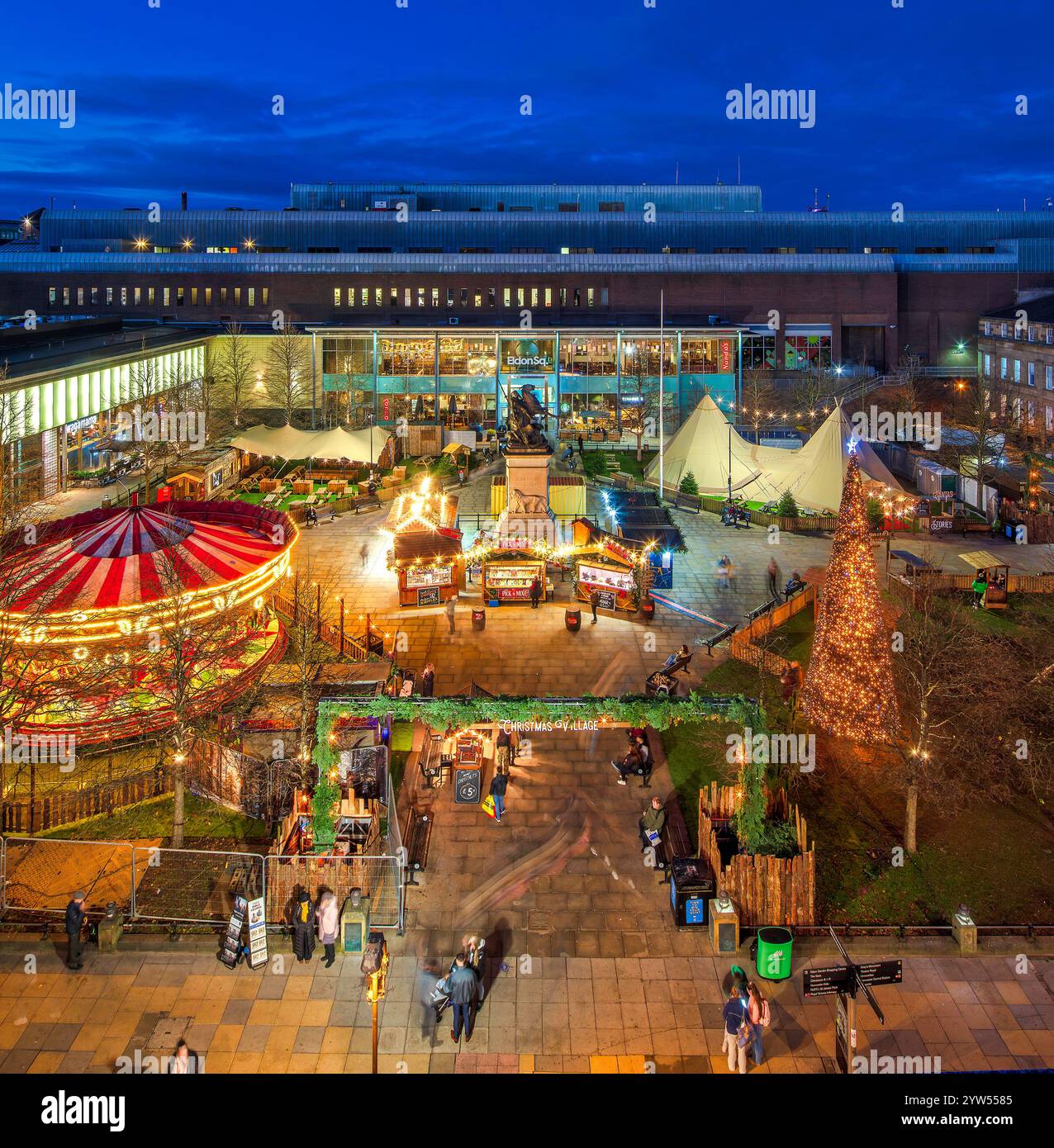 View at dusk of the Christmas Market and Christmas lights in Old Eldon ...