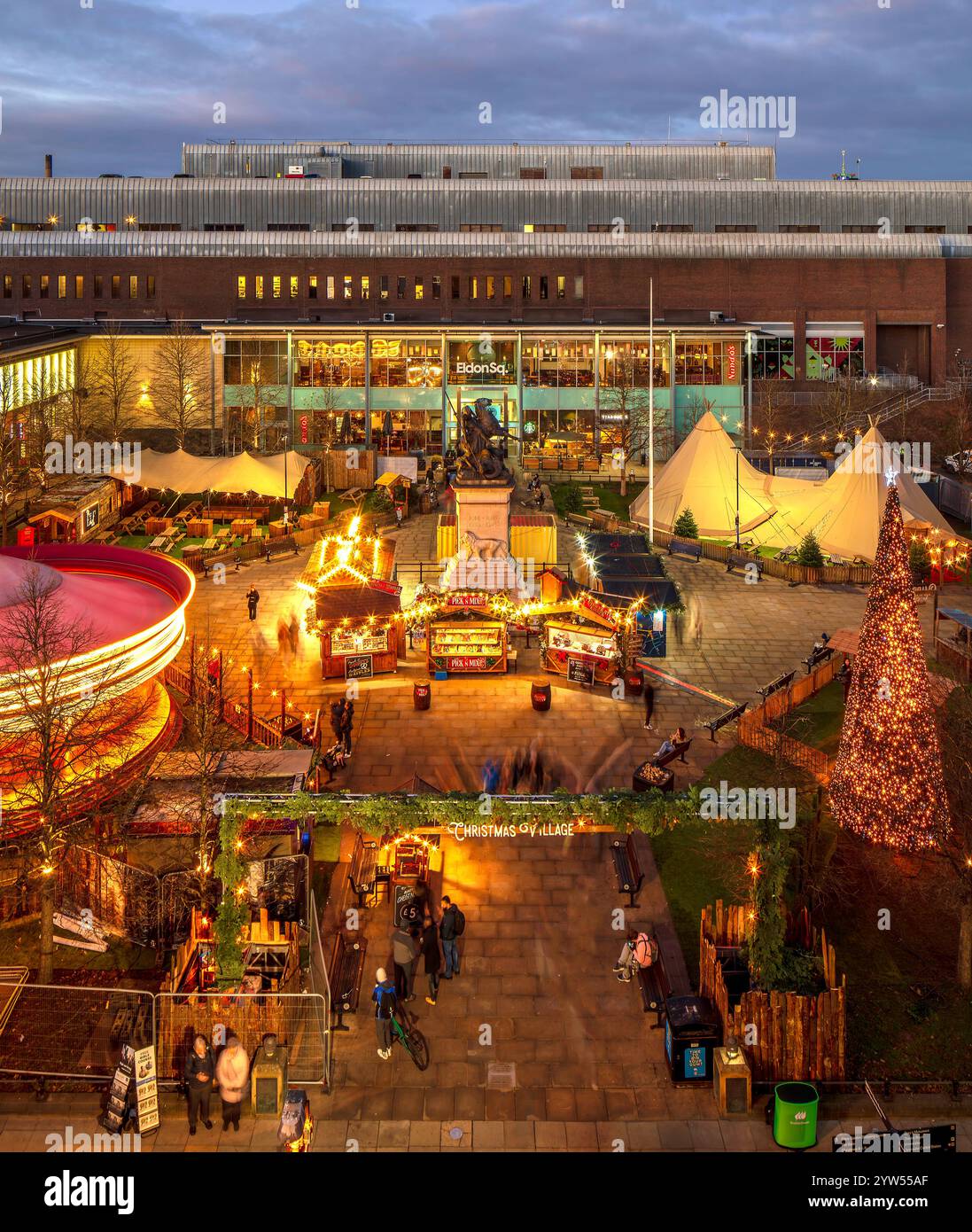 View at dusk of the Christmas Market and Christmas lights in Old Eldon Square, Newcastle upon ...