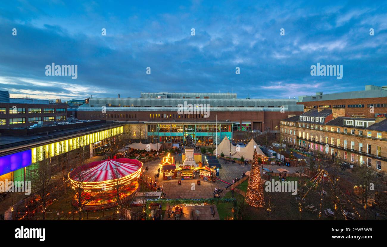 View at dusk of the Christmas Market and Christmas lights in Old Eldon Square, Newcastle upon ...