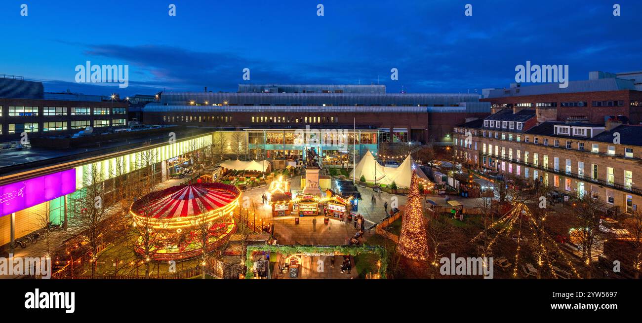 View at dusk of the Christmas Market and Christmas lights in Old Eldon ...