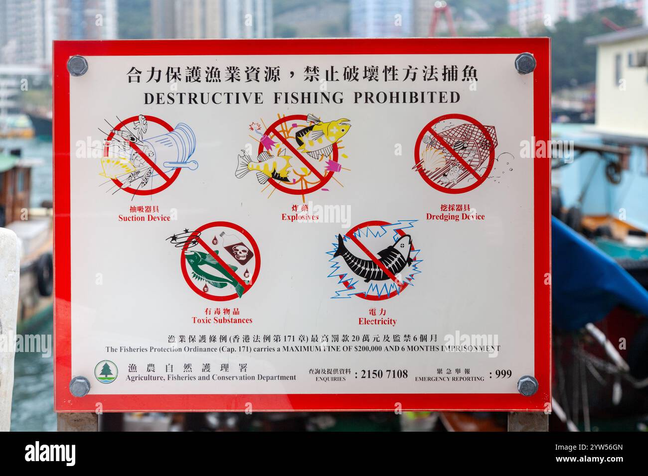 sign destructive fishing forbiden in mandarin and latin letters to warn ...