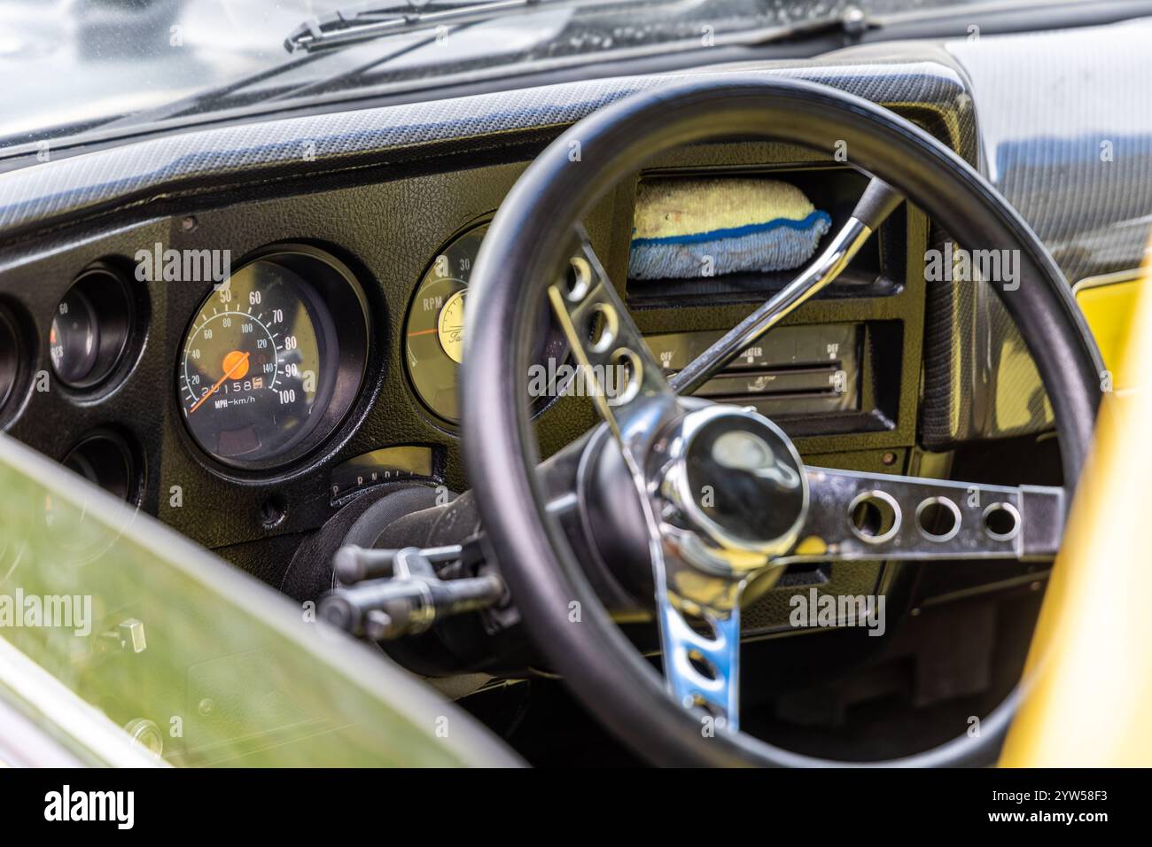 Bristol, UK- August 11, 2024: Interior of Yellow 1973 Chevrolet C K ...