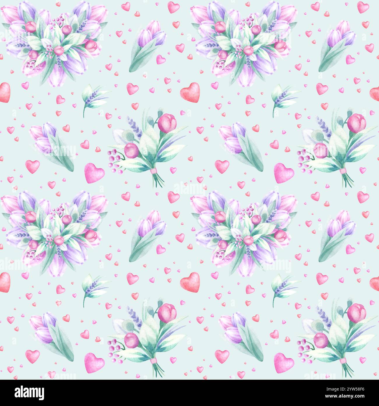 Heart shaped flower bouquet, tulips and flying hearts watercolor ...