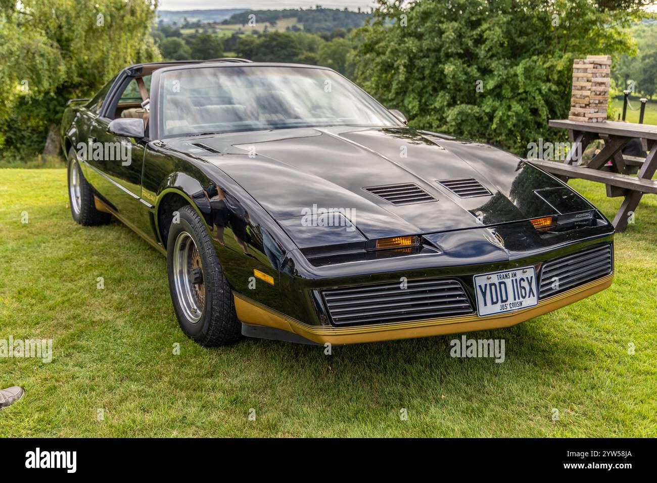 Bristol, UK- August 11, 2024: Front side view of Black Pontiac Firebird ...