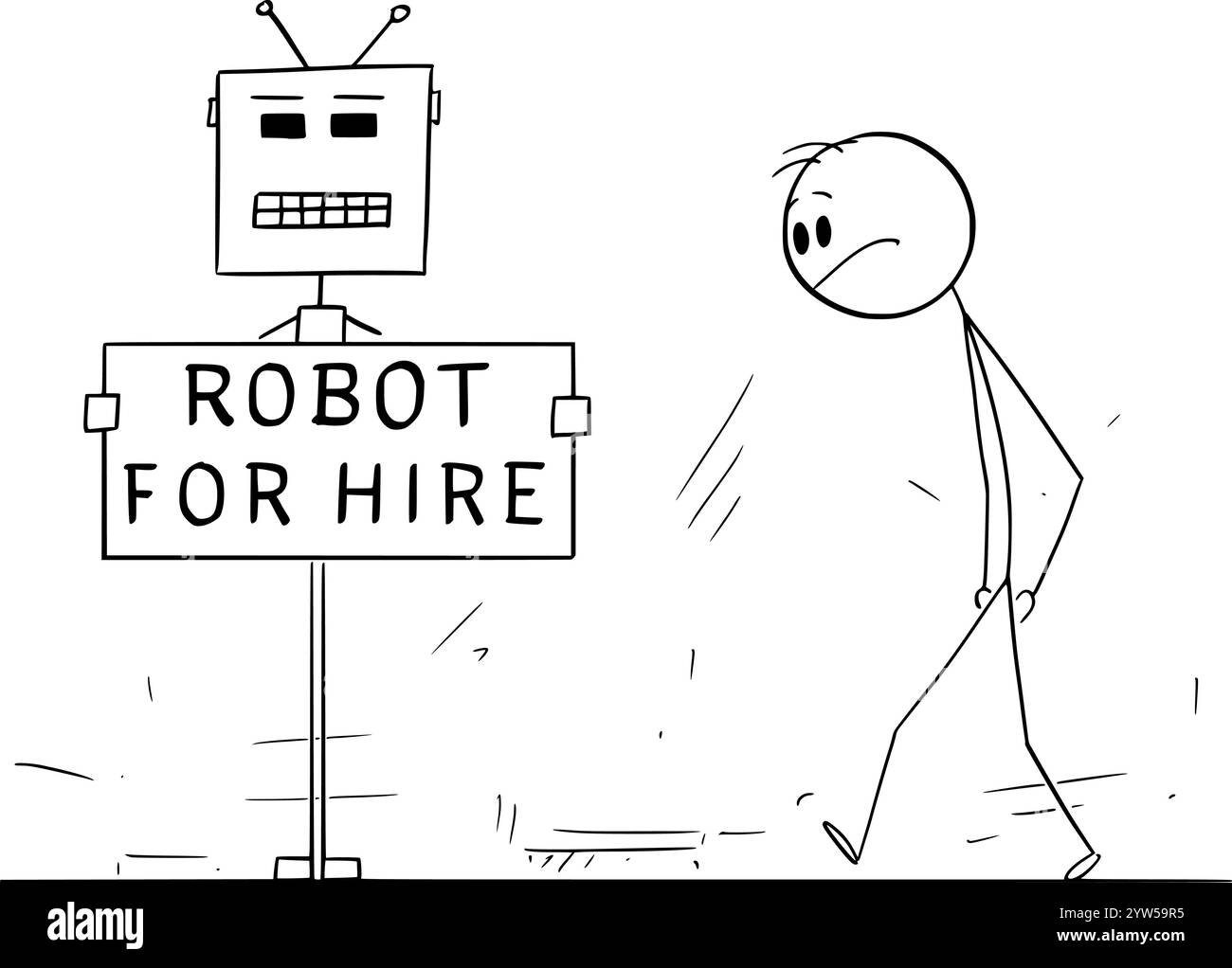 Robot worker looking for work or job , vector cartoon stick figure or ...