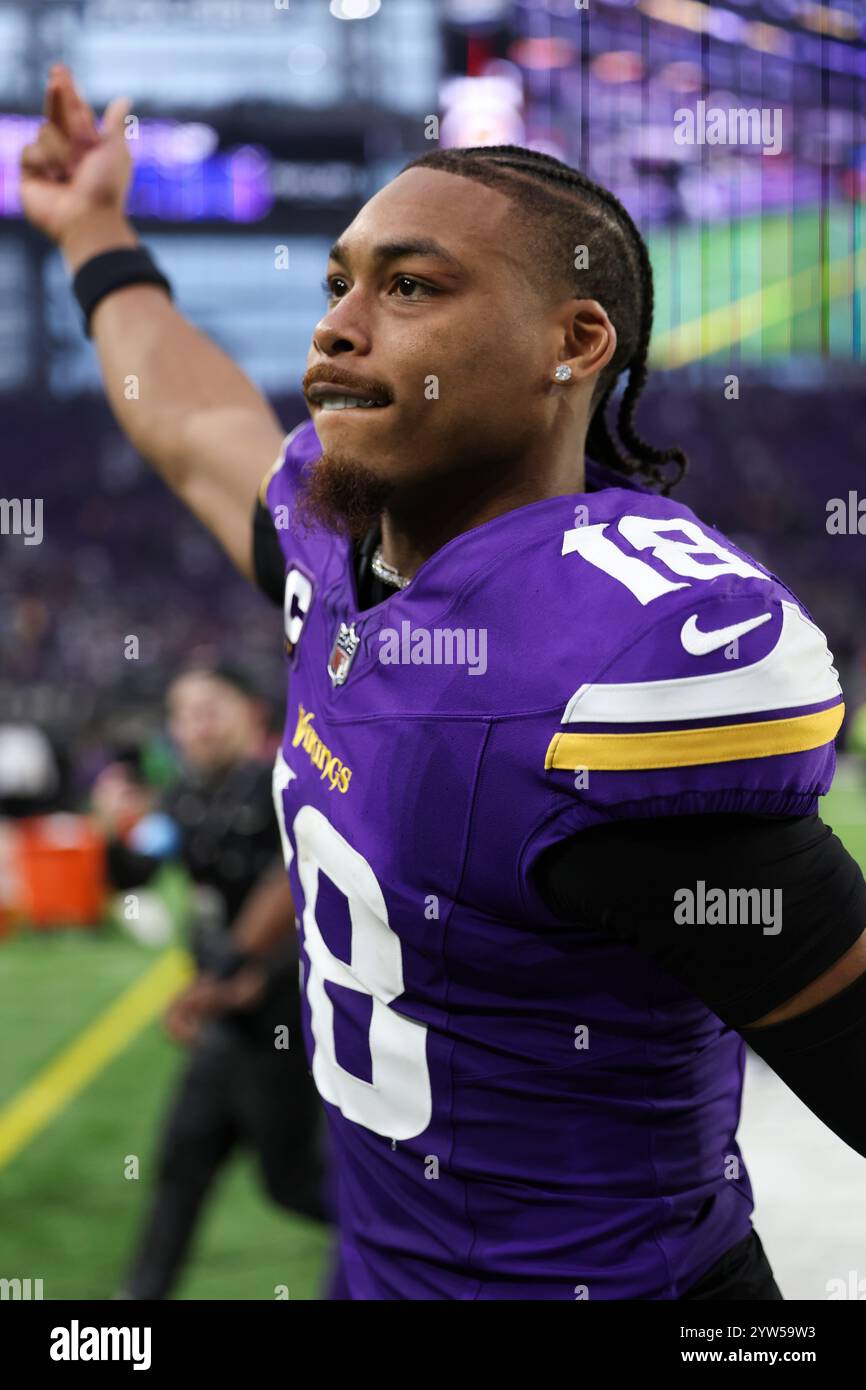 Minnesota Vikings wide receiver Justin Jefferson leaves the field after winning an NFL football ...
