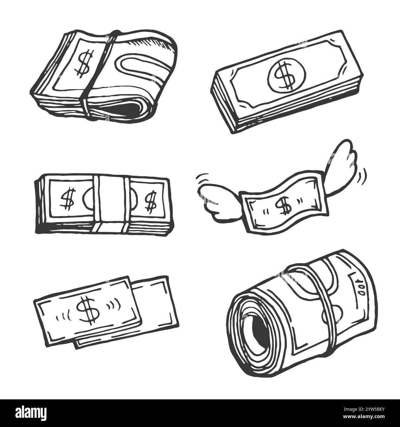 Vector Set of Money. Hand Drawn doodle Dollar Banknotes Stock Vector ...