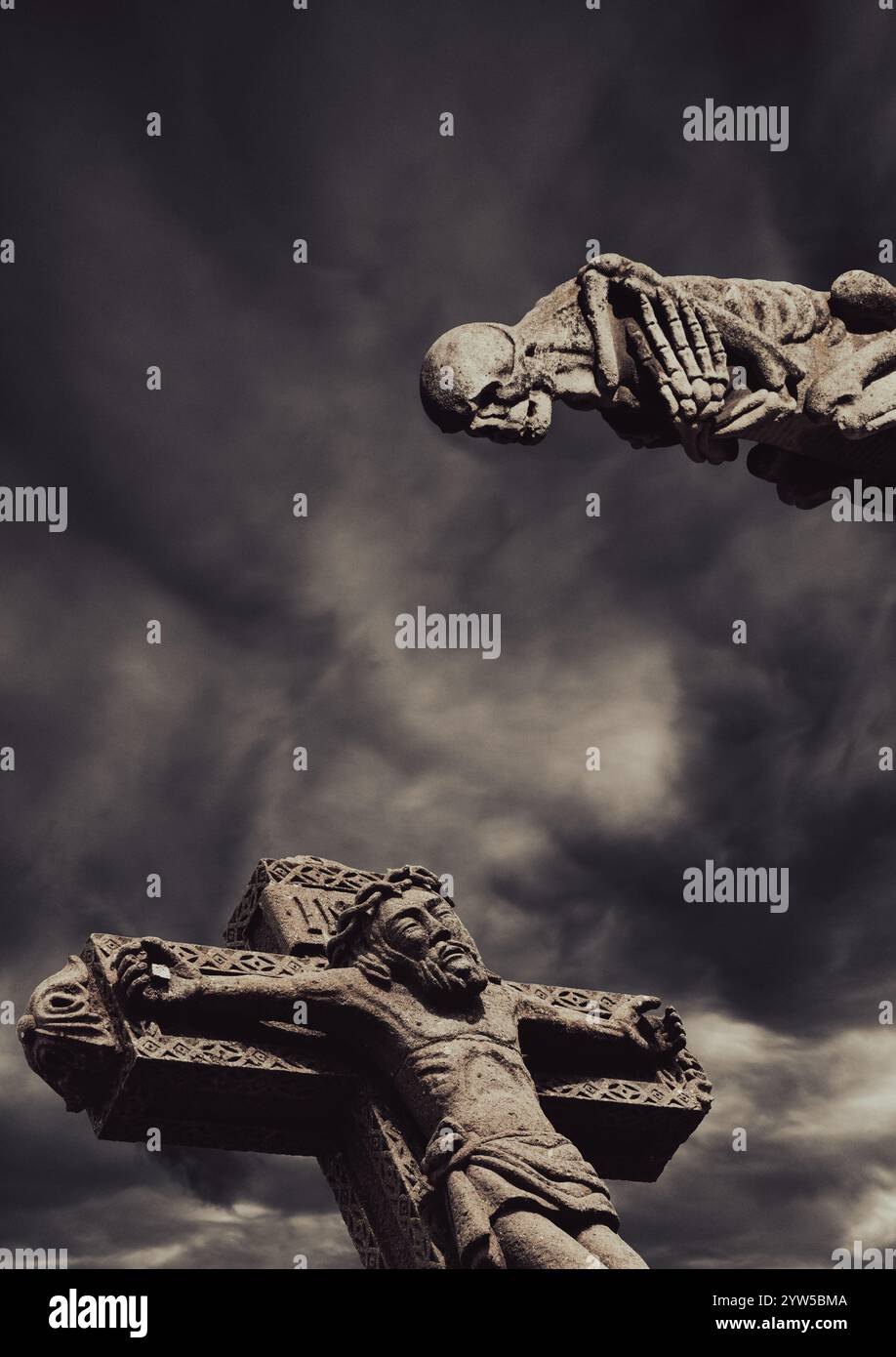 Stone carving,statue of Jesus Christ on cross with skeleton gargoyle ...