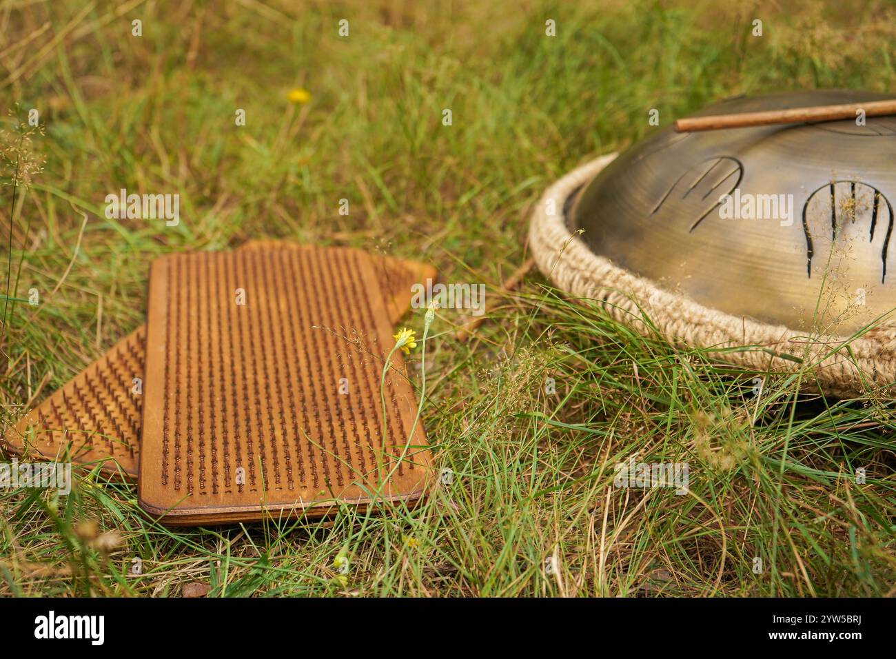 Outdoor meditation equipment. A sadhu board and a handpan with ...
